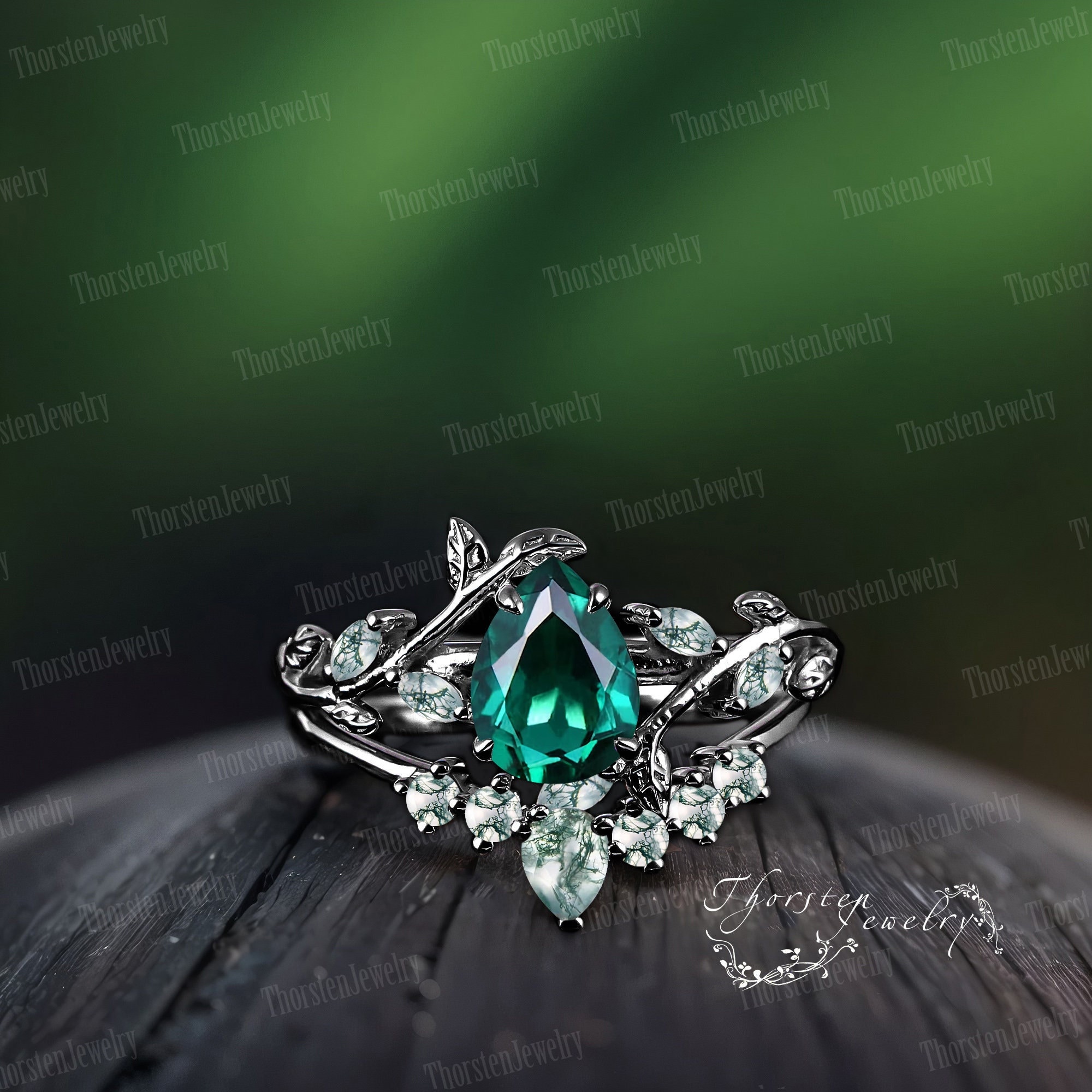 Gothic Black Gold Pear Emerald Engagement Ring Sets Bridal Sets Leaf Promise Ring Nature Inspired Green Gemstone Handmade Jewelry Gifts Etsy