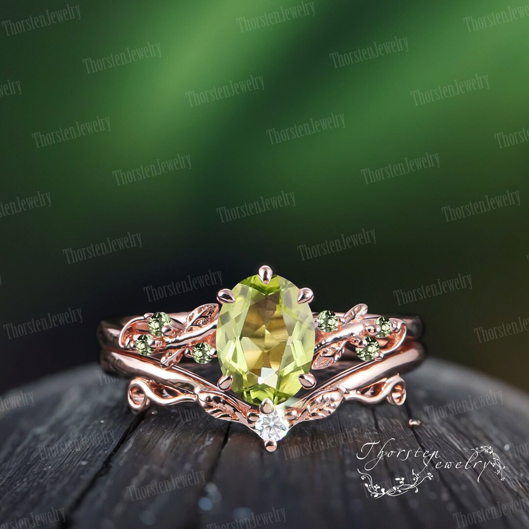 Vintage Oval Peridot Engagement Ring Sets Rose Gold Bridal Sets Leaf ...