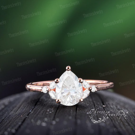 Moissanite Engagement Ring Unique Vintage Rose Gold Wedding Ring Pear Shaped Cluster Ring Diamond Promise Ring Anniversary Gift Ring Etsy