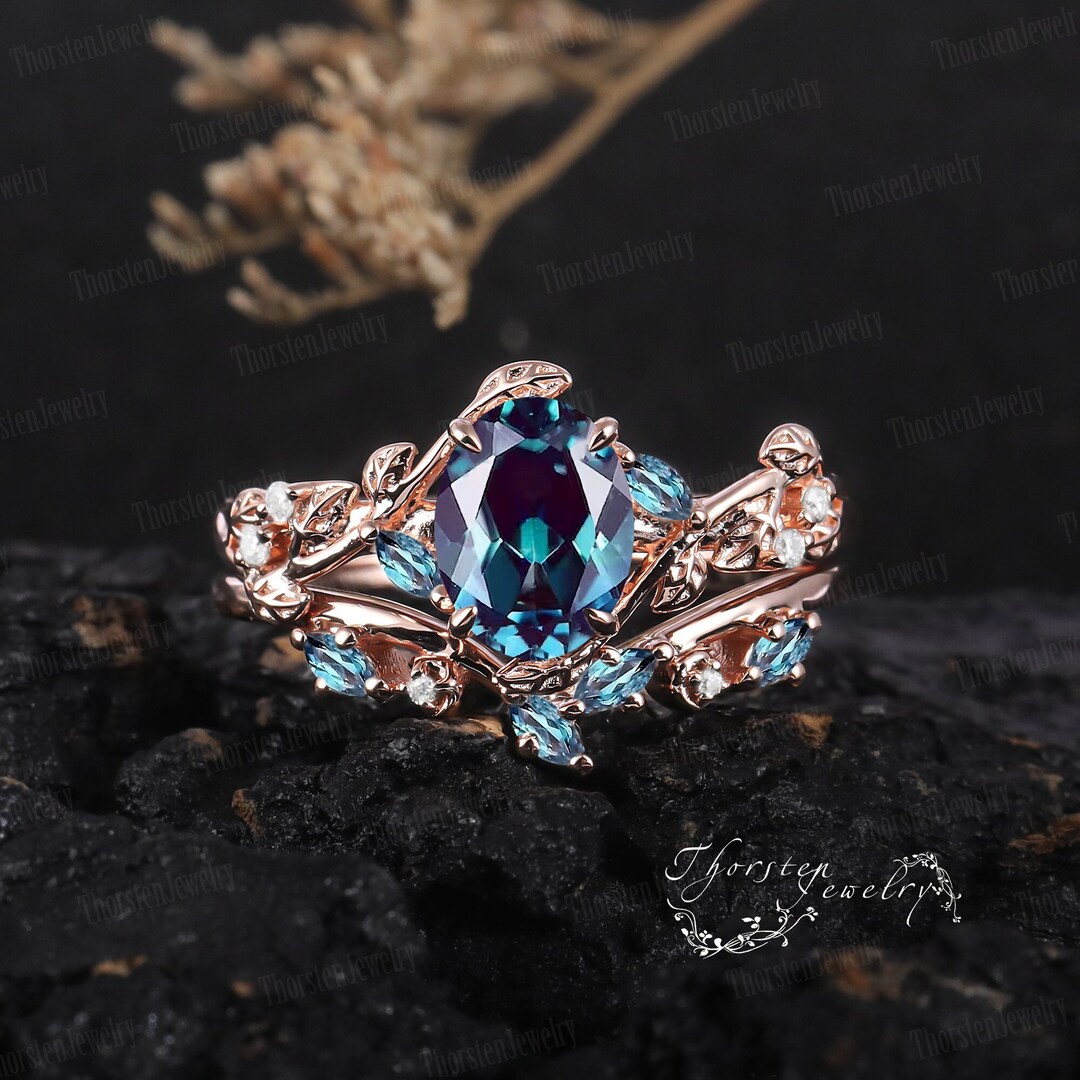 Vintage Oval Alexandrite Engagement Ring Sets 14k Solid Rose Gold ...