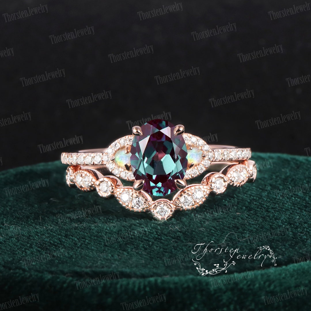 Vintage Oval Alexandrite Engagement Ring Sets 14K Rose Gold Opal ...