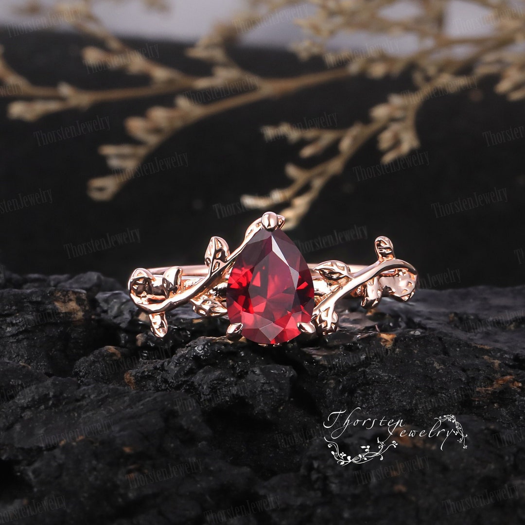 Pear Shaped Ruby Engagement Ring Art Deco Ring Rose Gold Nature Inpired ...