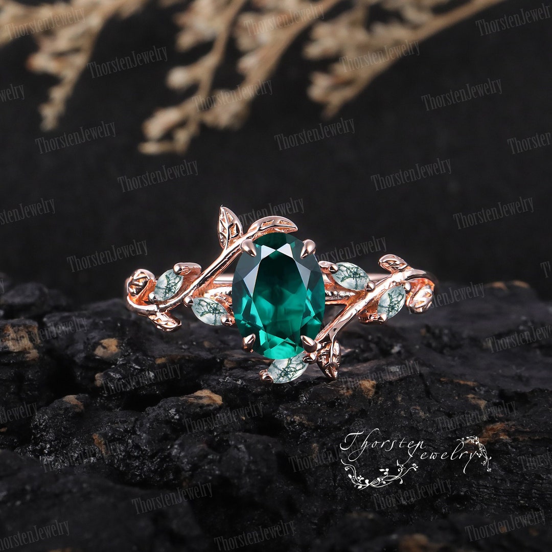 Art Deco Ring Oval Emerald Engagement Ring Rose Gold Bridal Ring ...