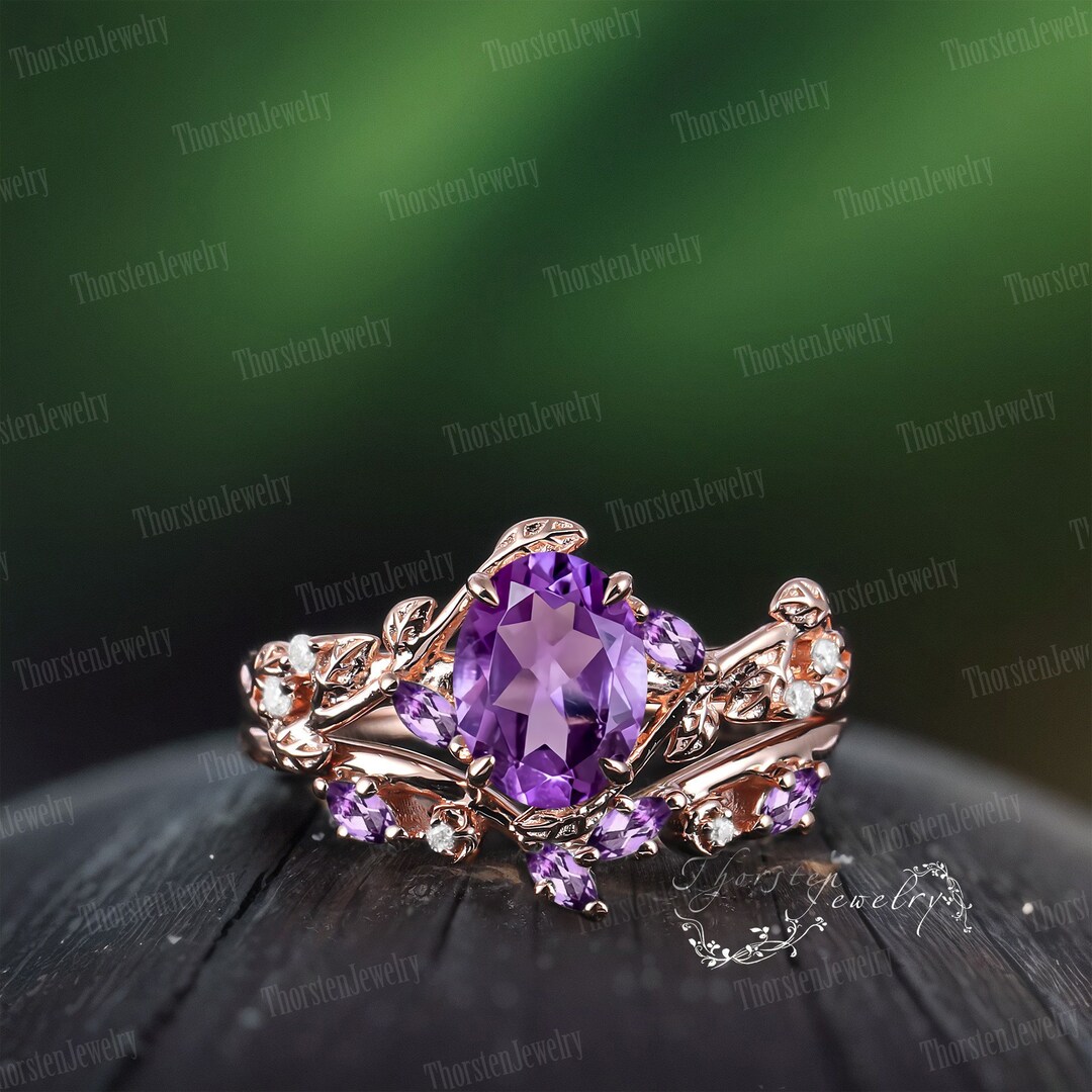 Oval Natural Amethyst Engagement Ring Sets 14k Rose Gold Bridal Sets ...