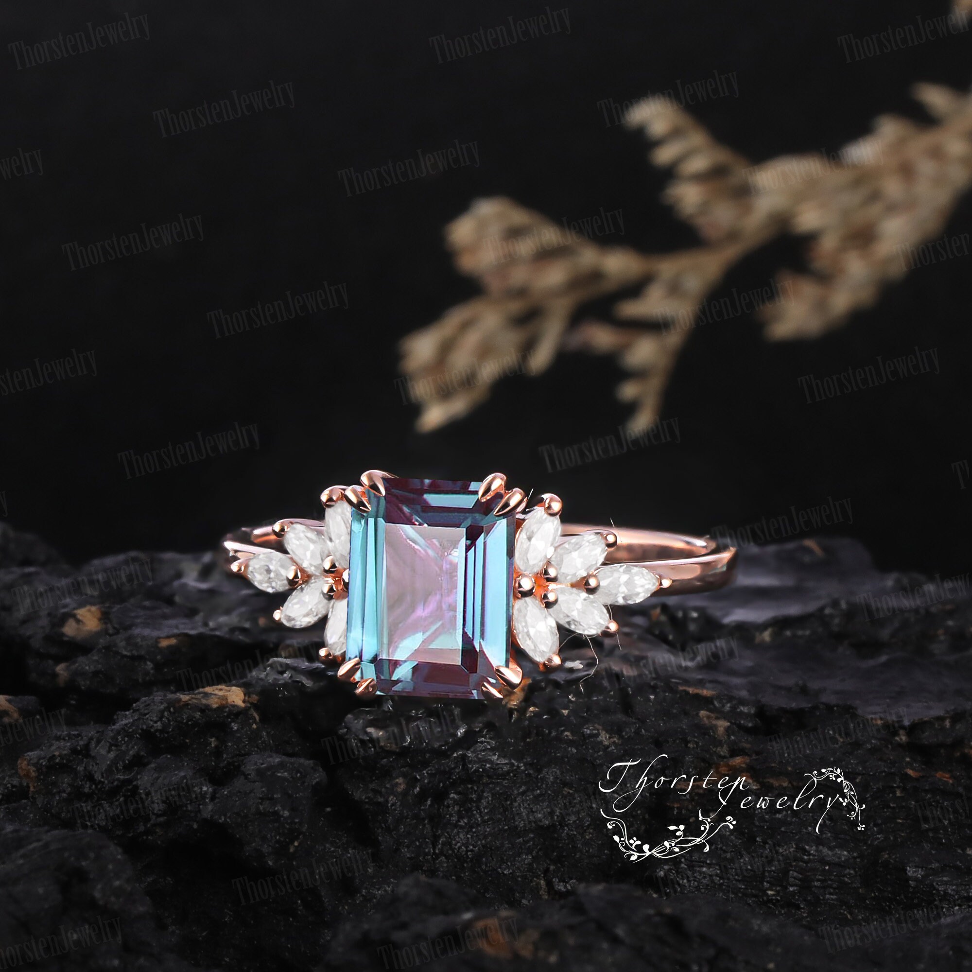 Vintage Emerald Cut Alexandrite Engagement Ring Promise Ring 14k 18k Solid Rose gold Marquise diamond Wedding Bridal Ring Anniversary Gifts Etsy