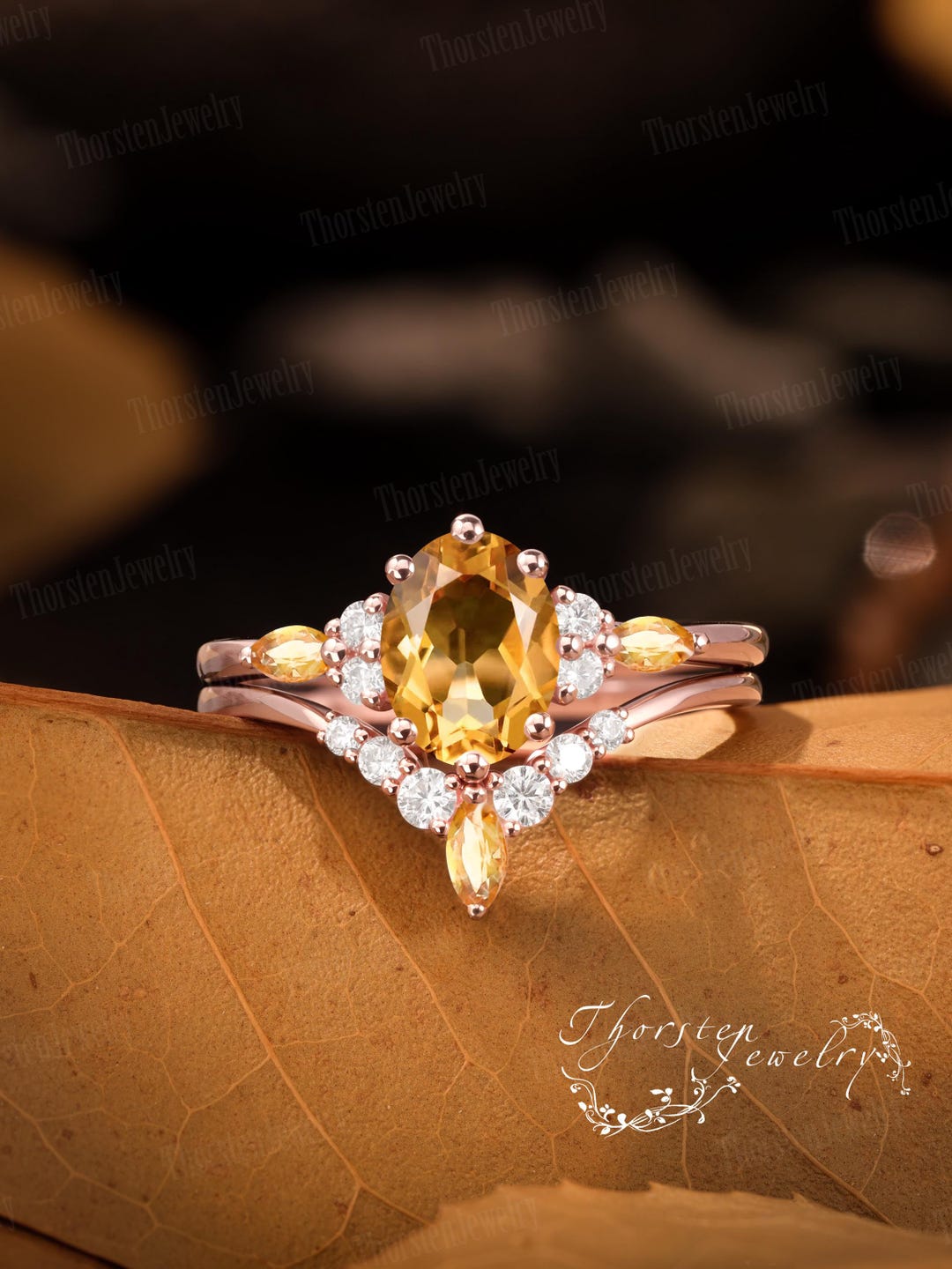 Vintage Oval Cut Topaz Engagement Ring Sets Solid Rose Gold Promise ...