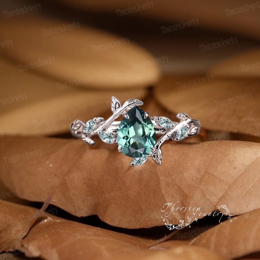 Pear Green Sapphire Engagement Ring White Gold Bridal Ring Vintage Leaf ...
