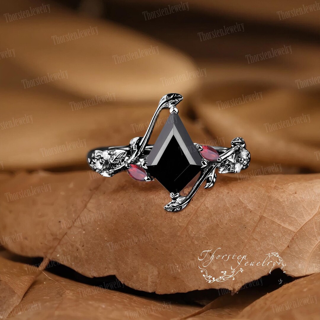 Gothic Black Gold Kite Cut Black Onyx Engagement Ring Leaf Ring Nature ...