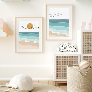 Set of 2 Nautical Decor Nursery Wall Art, Kids Room Abstract Beach Wall ...