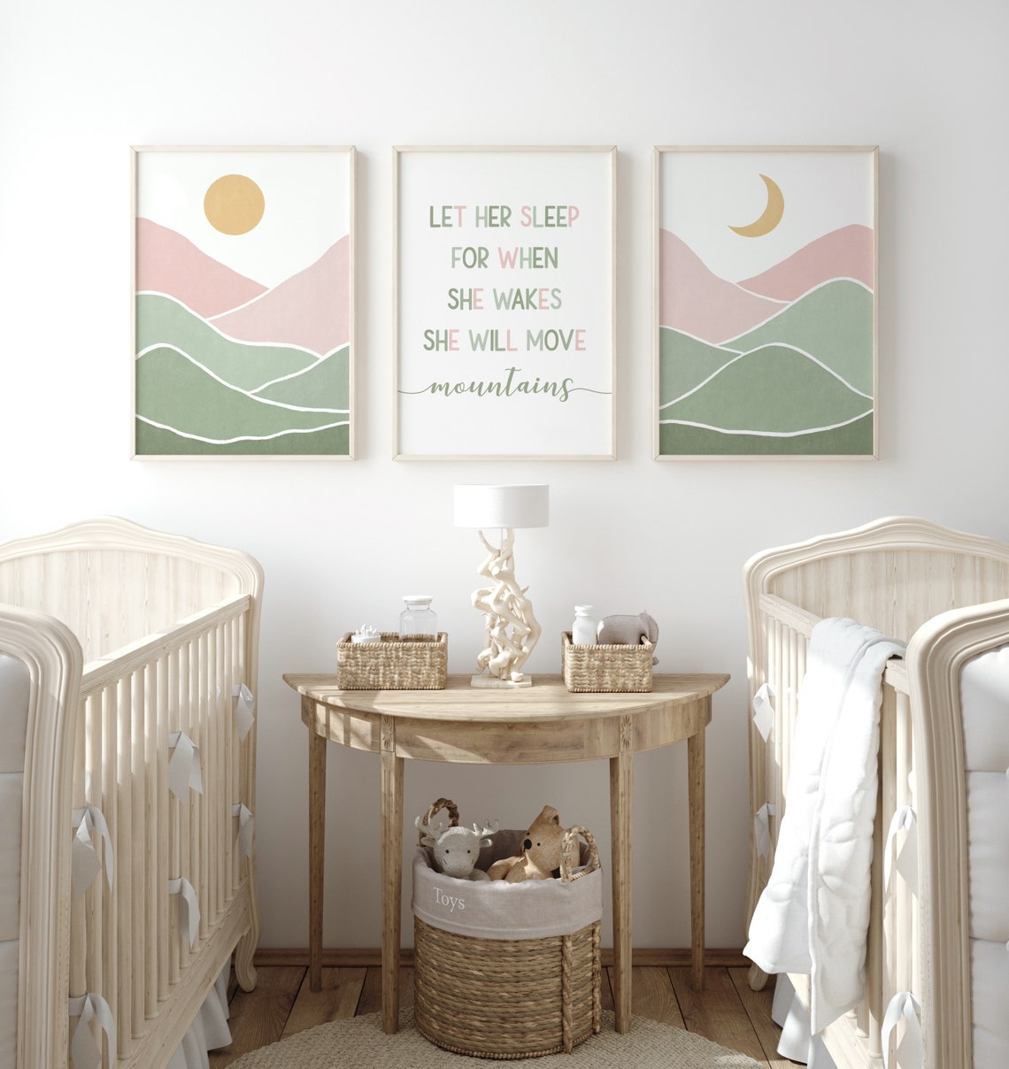 Set of 3 Green Pink Sun Moon Landscape Nursery Wall Art Prints, Let Her ...