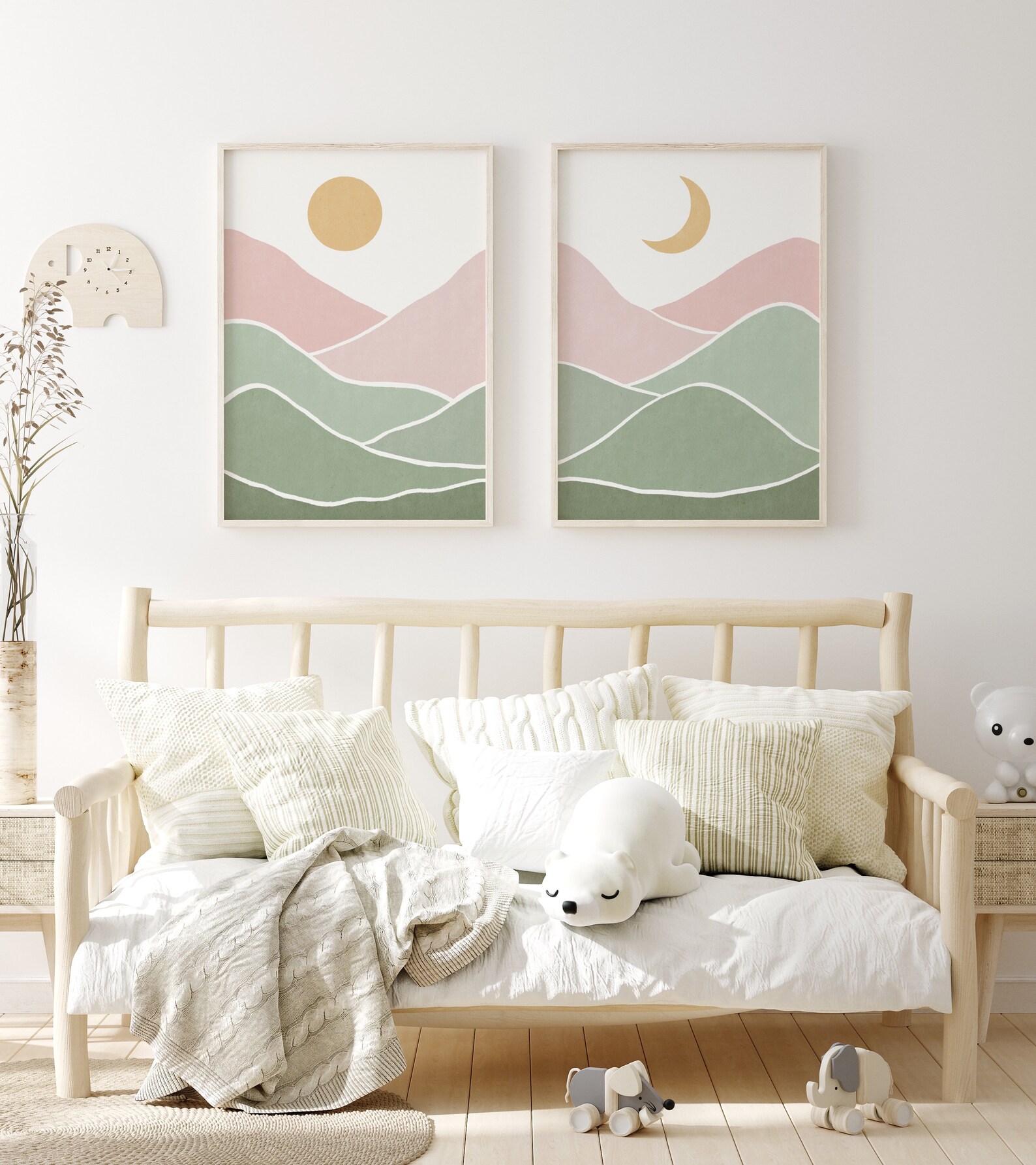 Set of 3 Green Pink Sun Moon Landscape Nursery Wall Art Prints, Let Her ...