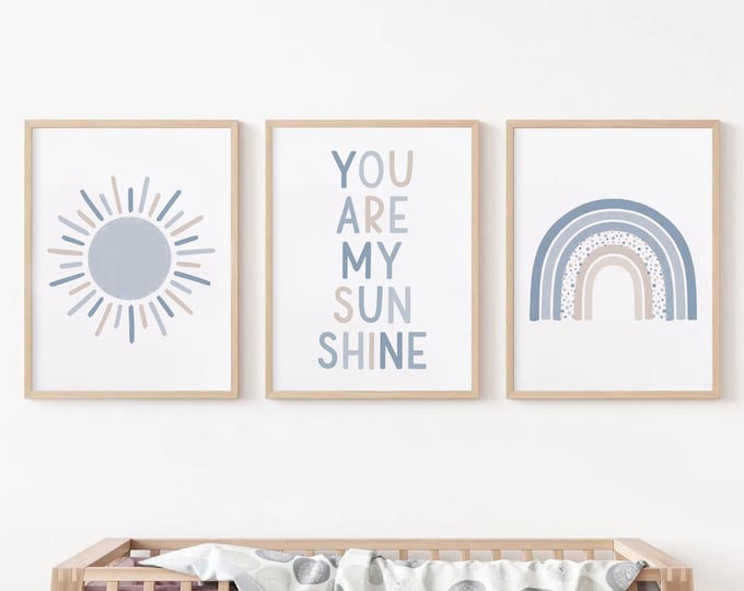 Set of 3 Blue and Beige You Are My Sunshine Nursery Wall Art Prints ...
