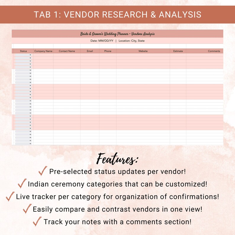 Wedding Planning Spreadsheet: Vendor Tracker (google Sheets & Excel) - Etsy