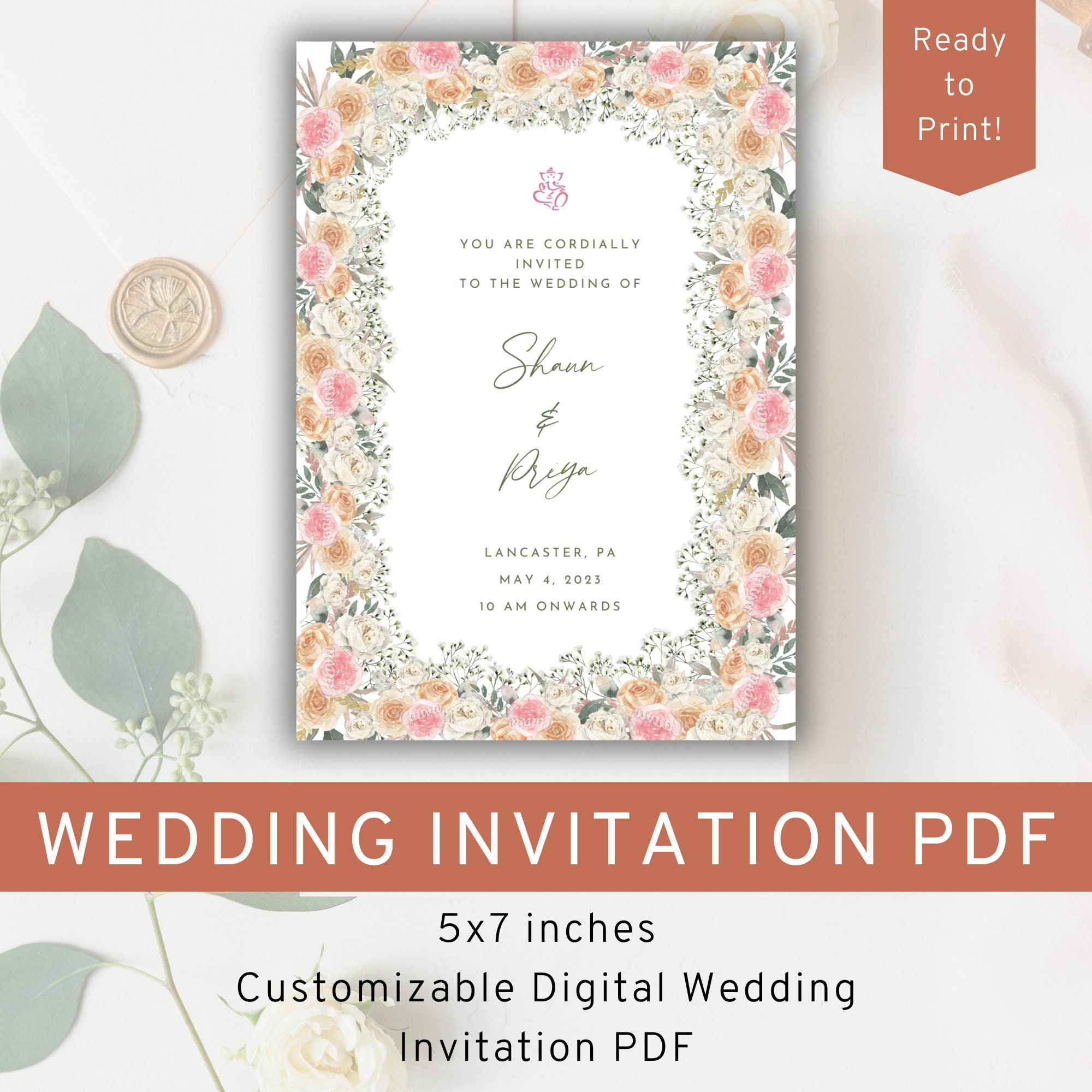 CUSTOM PERSONAL Indian Hindu Wedding Invitation Invite Floral Flowers ...