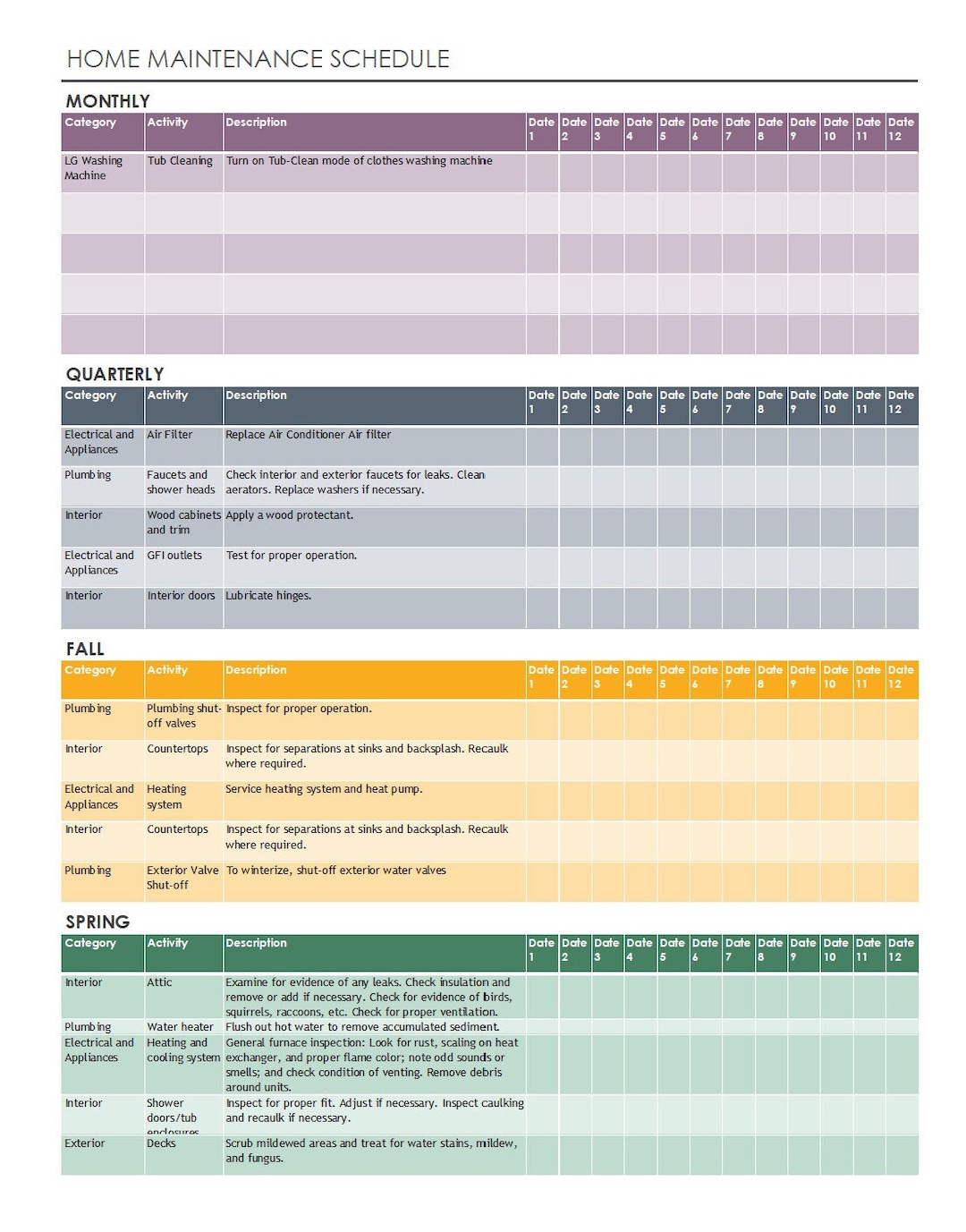 Home Maintenance Schedule - Etsy