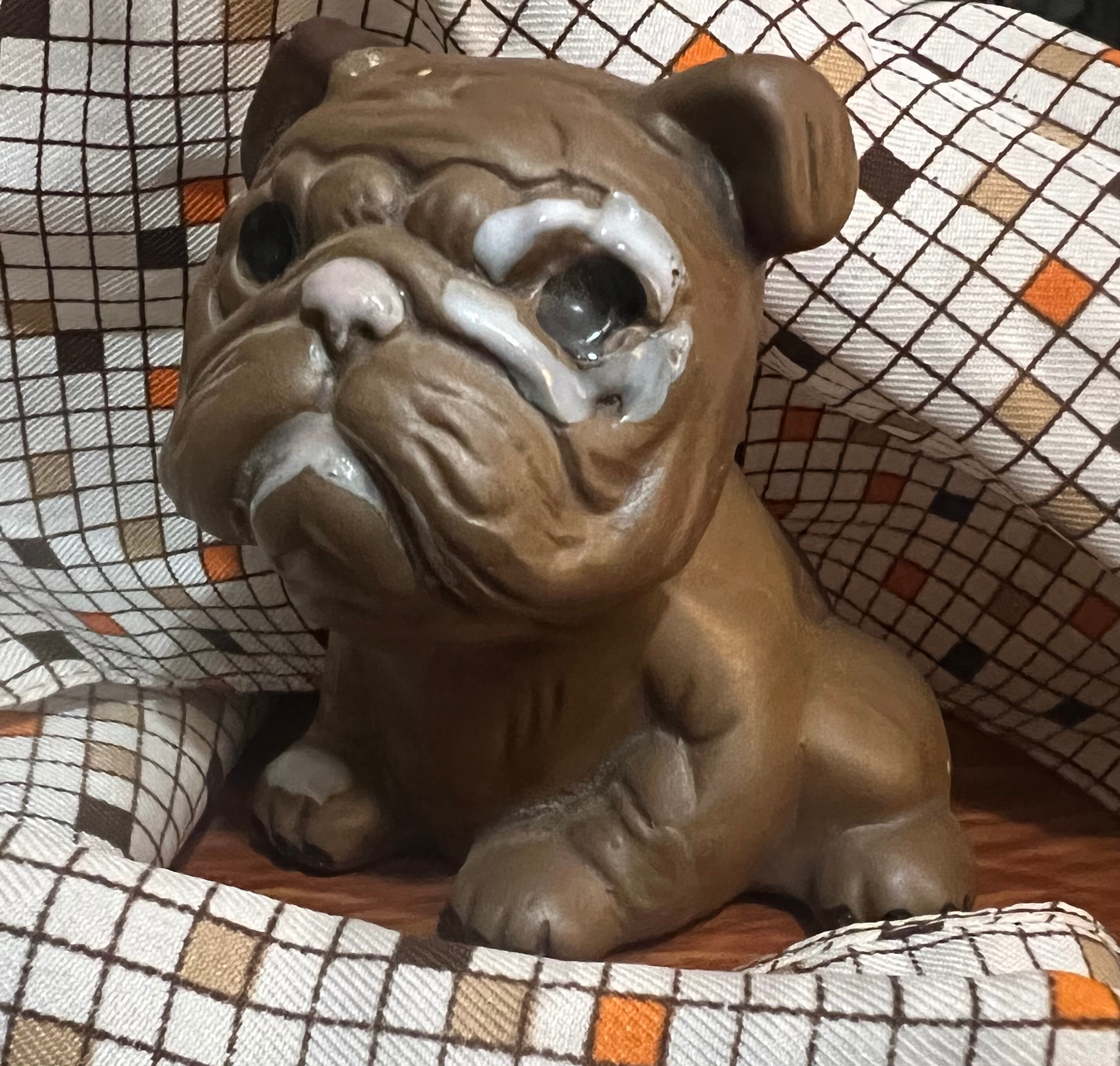 Ceramic Hand Painted Brindle English Bulldog With a Dark Chocolate Ear and White Eye Patch ...