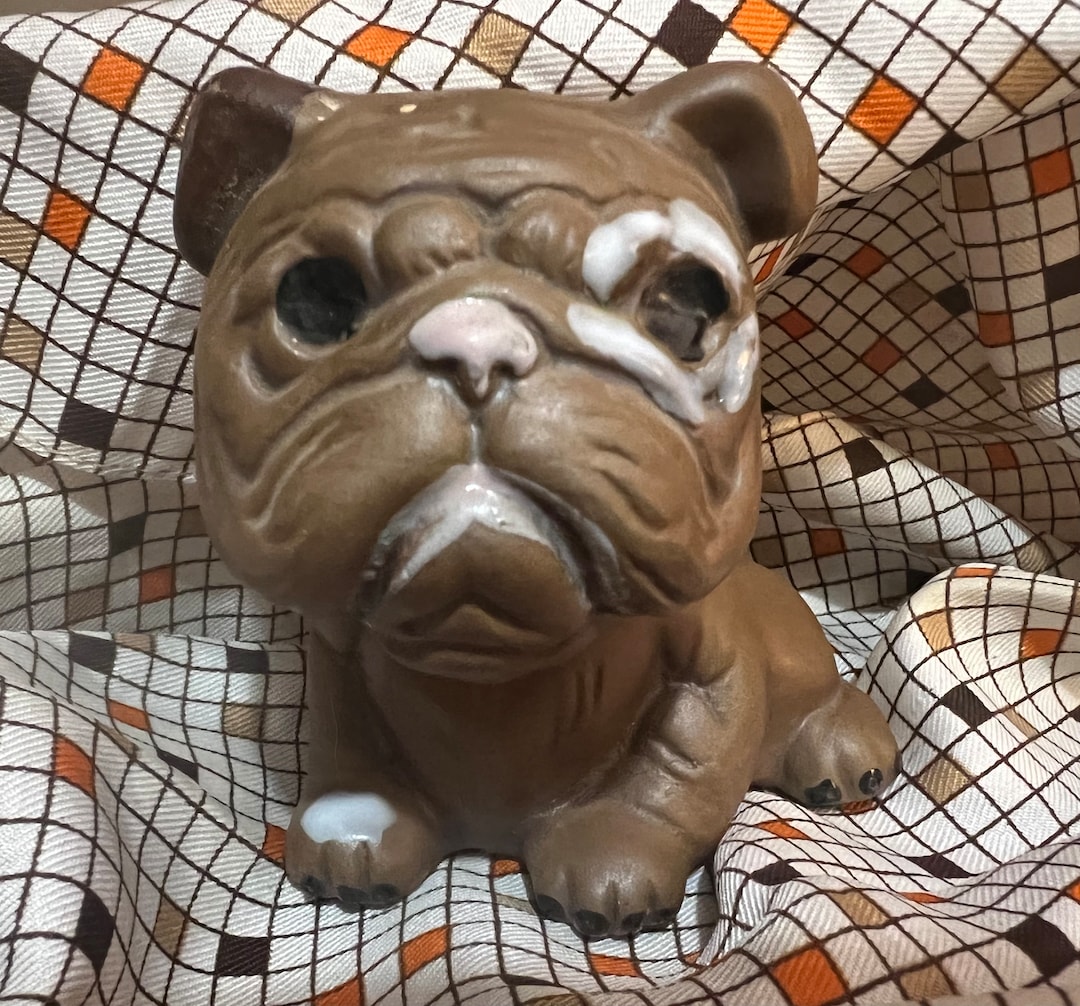 Ceramic Hand Painted Brindle English Bulldog With a Dark Chocolate Ear and White Eye Patch ...