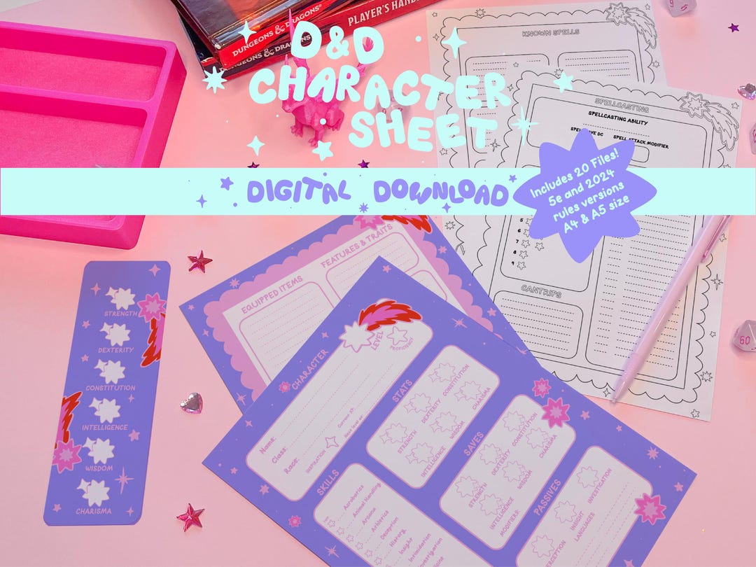 Pink Purple Dnd Character Sheet 5e - A4 A5 Printable (digital Download ...