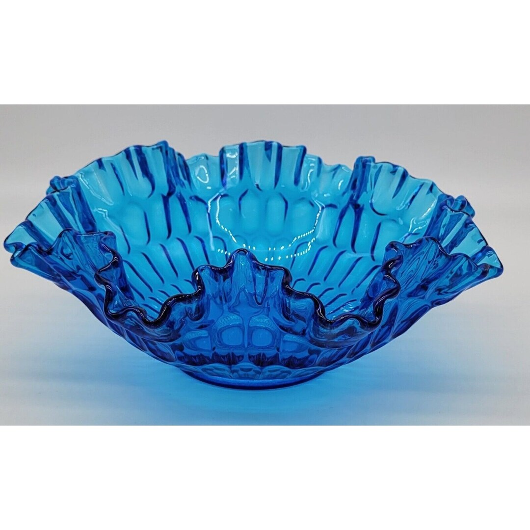Vintage Fenton Cobalt Blue Glass Thumbprint Ruffled Crimpled 12 Bowl - Etsy