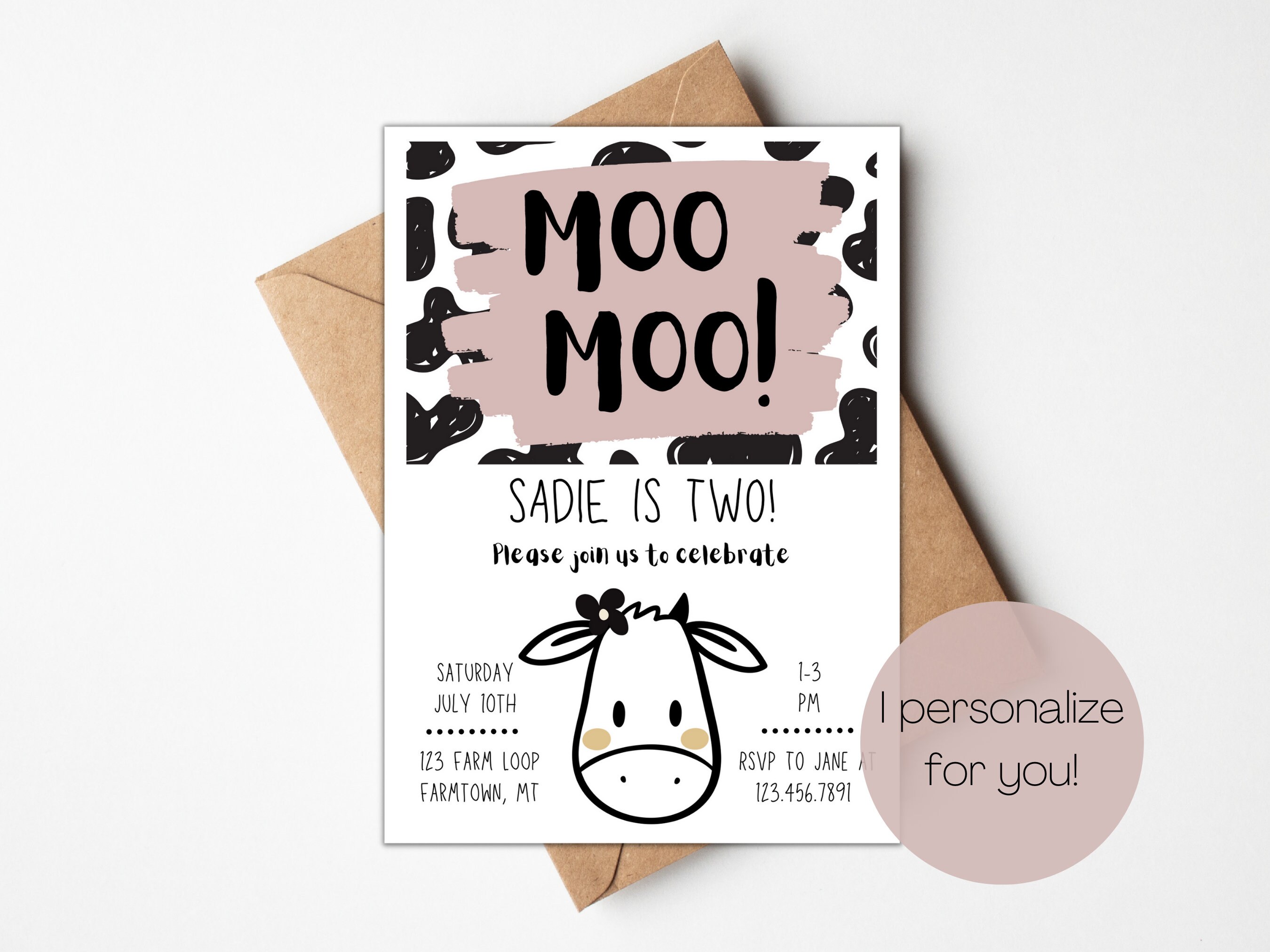 Moo Moo I'm Two Birthday Invitation Bundle Girl Farm - Etsy