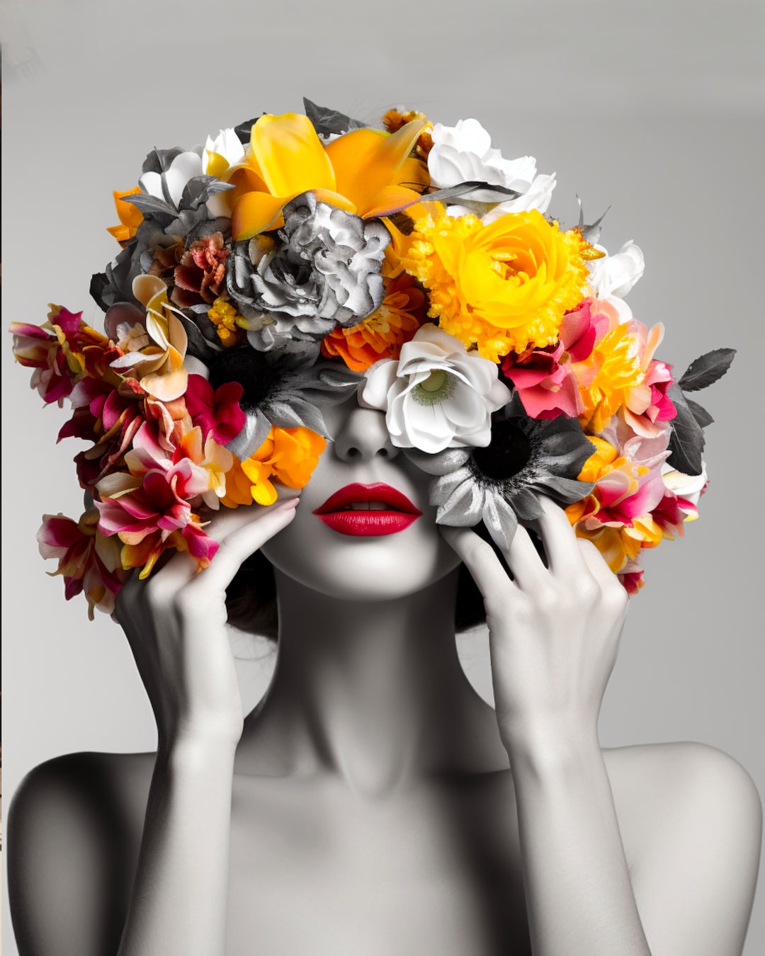 Woman Flower Bouquet Head, Woman Flowers as Head, Woman Flowers Print ...