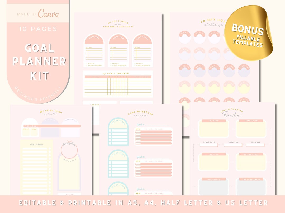 Goal Planner Kit | Canva Planner Template | Editable Canva Template ...