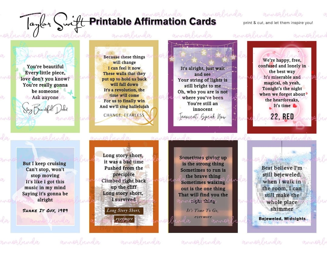 Taylor Swift Affirmation Cards - Positive Affirmation Cards - Girl ...