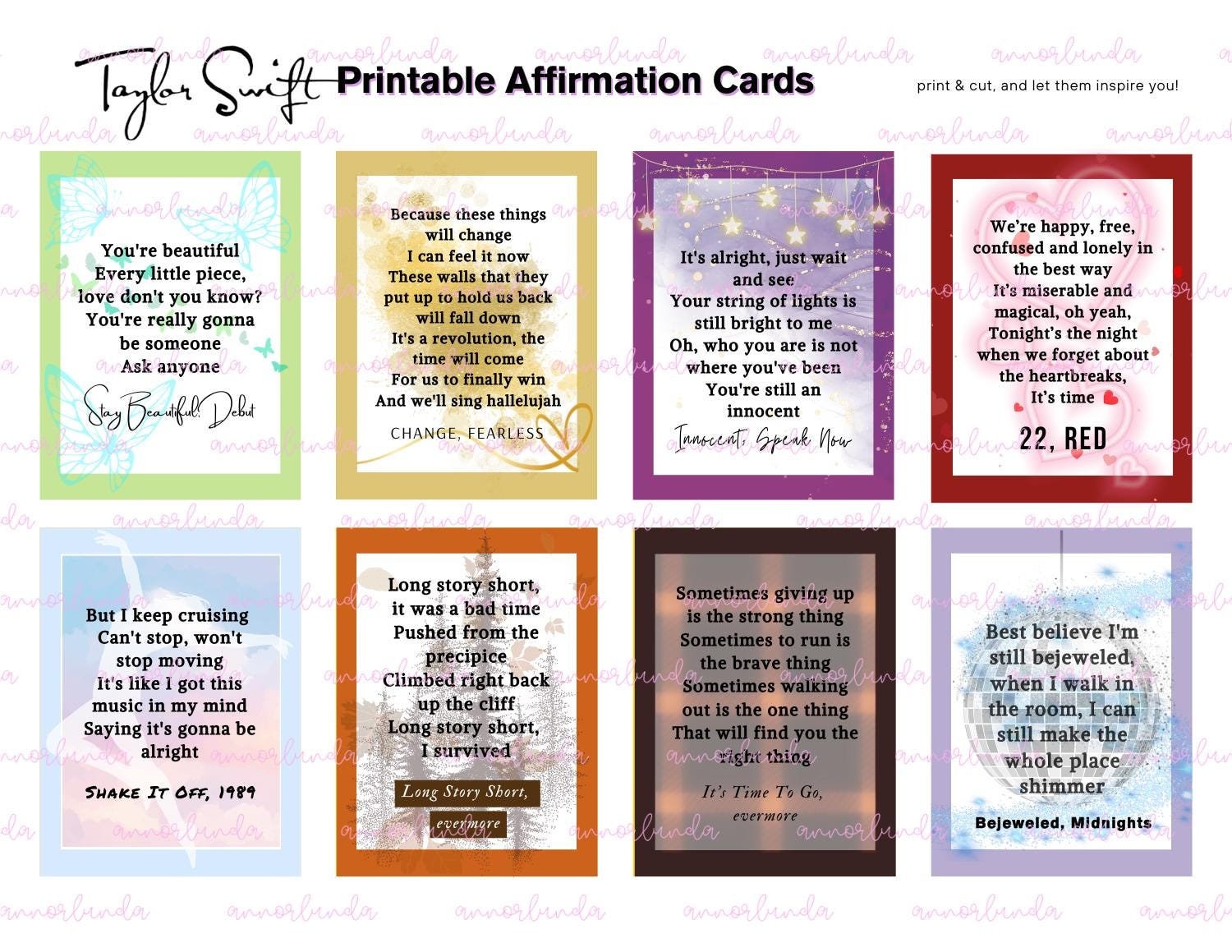 Taylor Swift Affirmation Cards - Positive Affirmation Cards - Girl ...