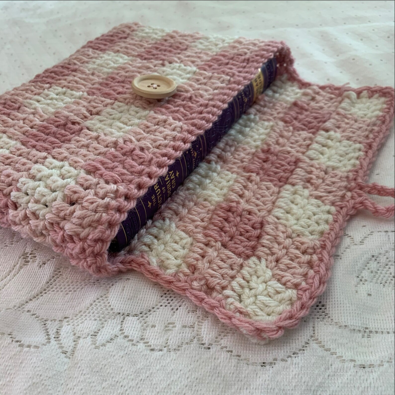Crochet Book Bag Sage-green Book Pouch Pink Book Sleeve | Etsy