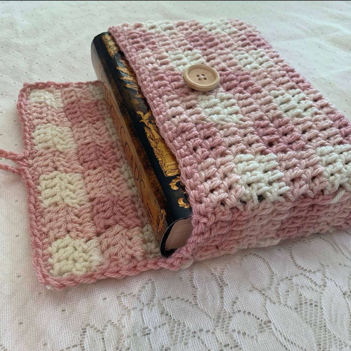 Crochet Book Bag Sage-green Book Pouch Pink Book Sleeve | Etsy