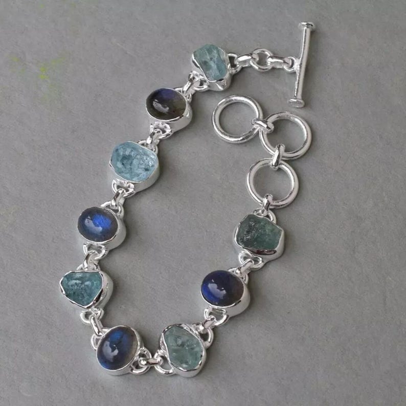 Natural Aquamarine & Labradorite Bracelet, Handmade Bracelet, 925 ...
