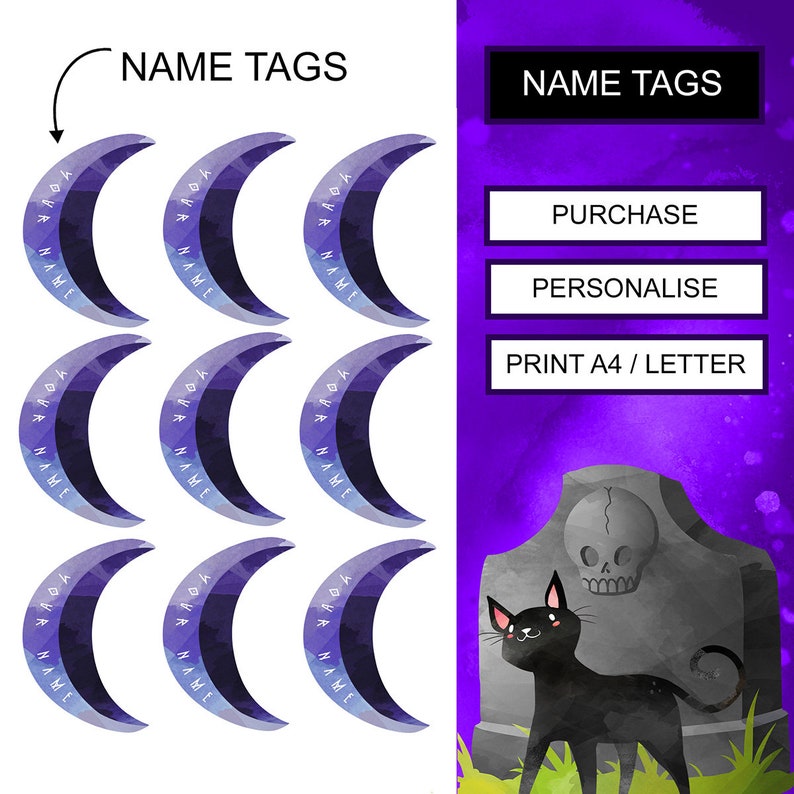 Editable Moon Name Tags, Instant Download Witch Party Printables ...