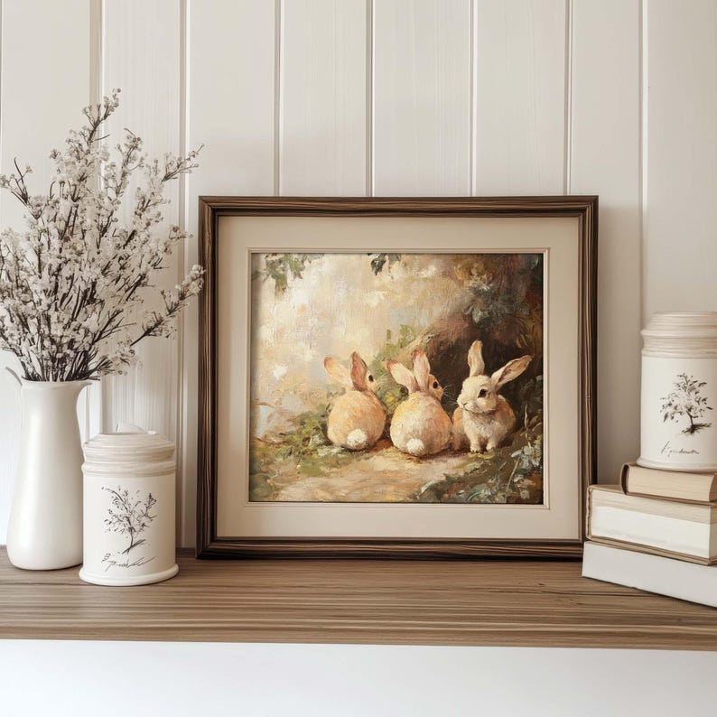 Cute Rabbits Print Vintage Bunnies Spring Wall Art | Cottage Easter and ...