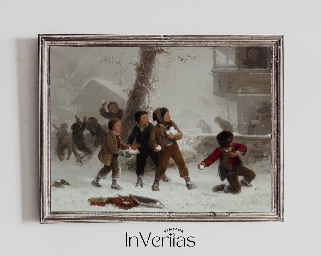 Kids Playing in the Snow Vintage Painting | Old Farmhouse Winter Decor ...