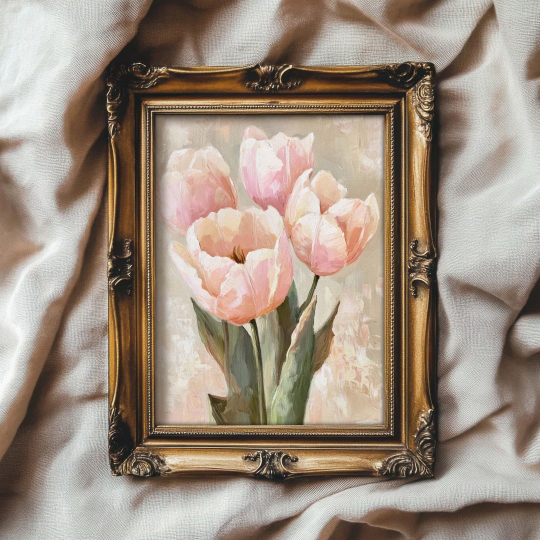 Soft Pink Tulips Print Vintage Style Wall Art | Cottage Spring Decor ...