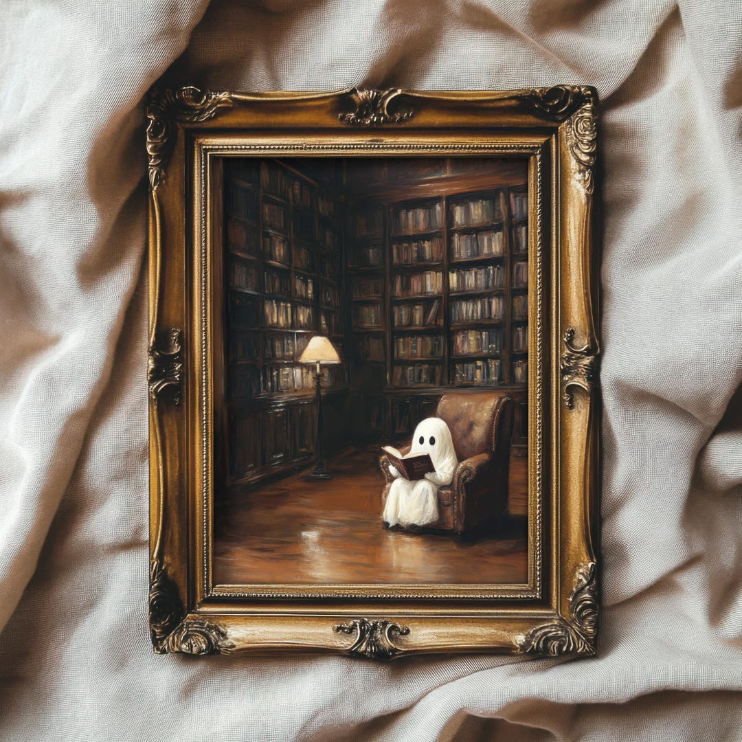 Little Ghost Reading in English Library Print Halloween | Vintage Style ...