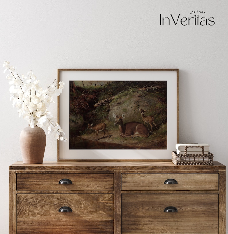 Vintage Deer Painting Doe and Fawns in a Forest Spring - Etsy