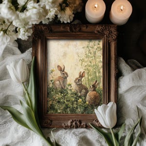 Muted Rabbits in Spring Print Vintage Style Bunny Wall Art | Cozy ...