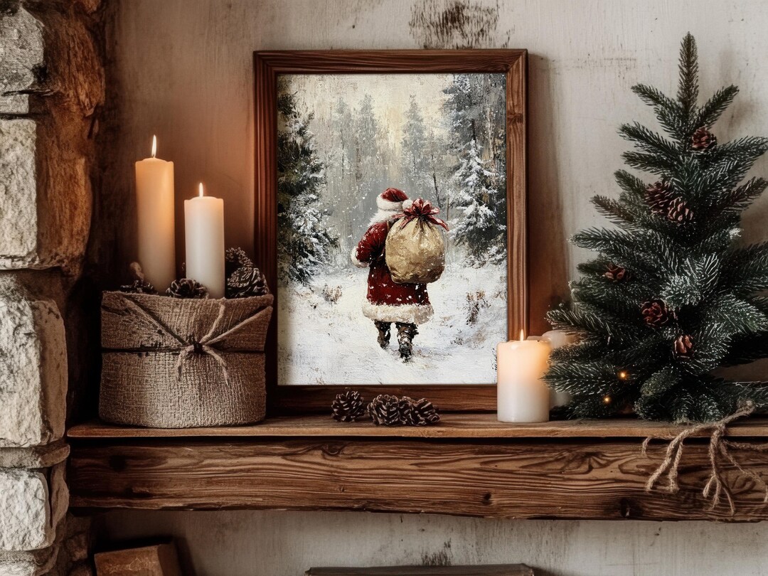 Santa Claus in Snowy Forest Print Vintage Style Painting | Country ...