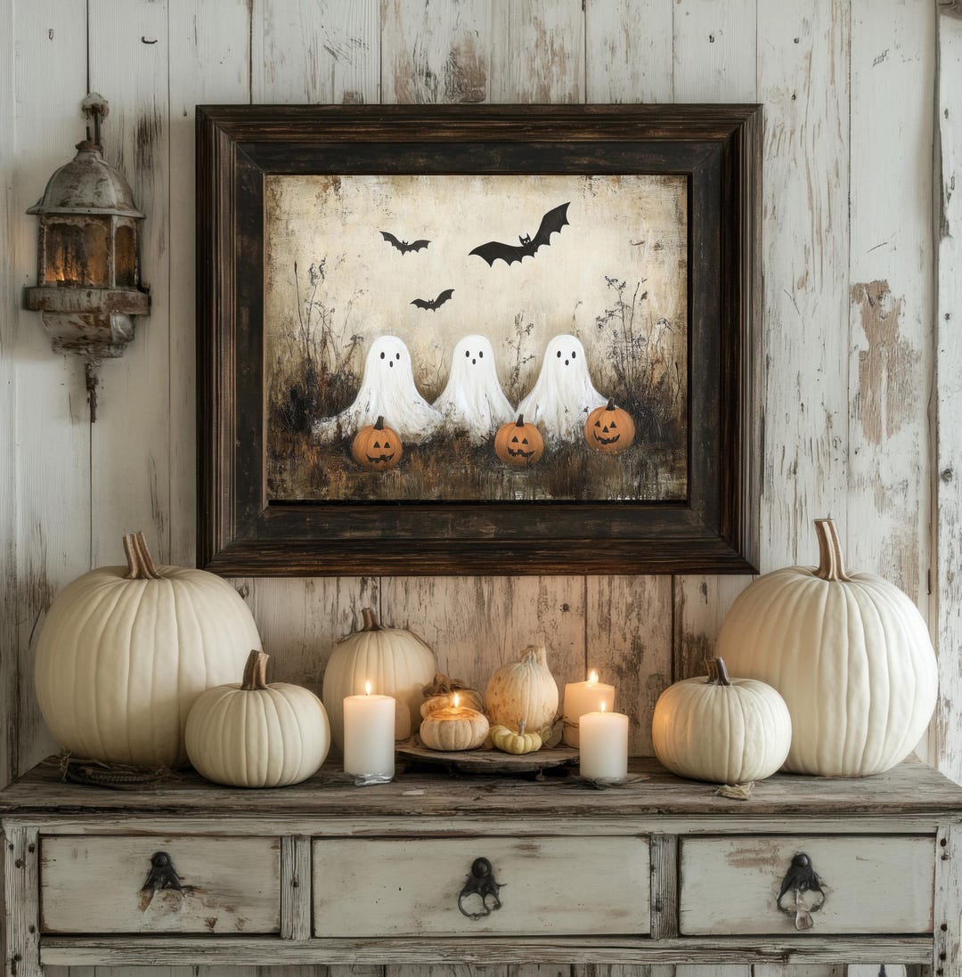 Rustic Country Ghost Print Ghosts Pumpkins Bats Vintage Style Wall Art ...