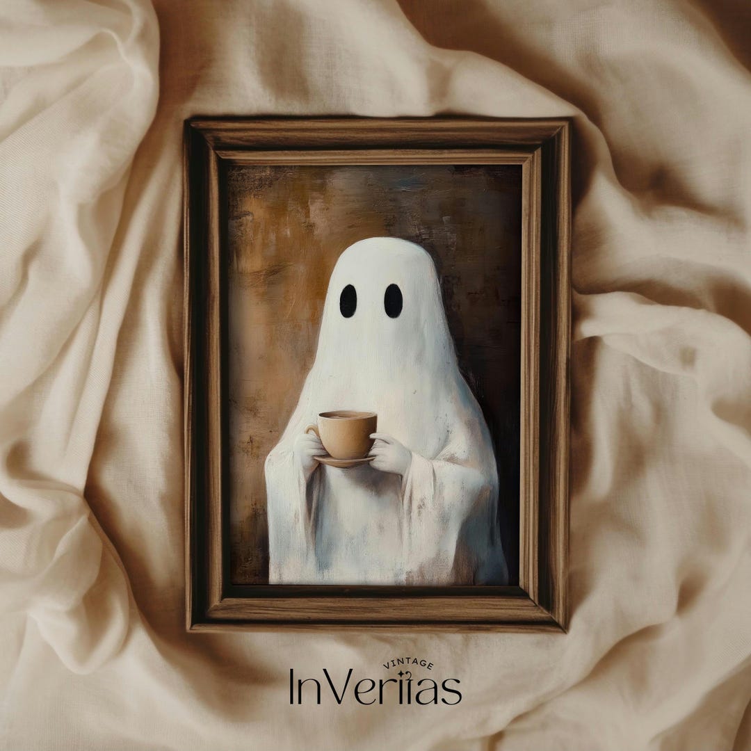 Ghost Drinking Coffee Vintage Style Halloween Wall Art | Country ...