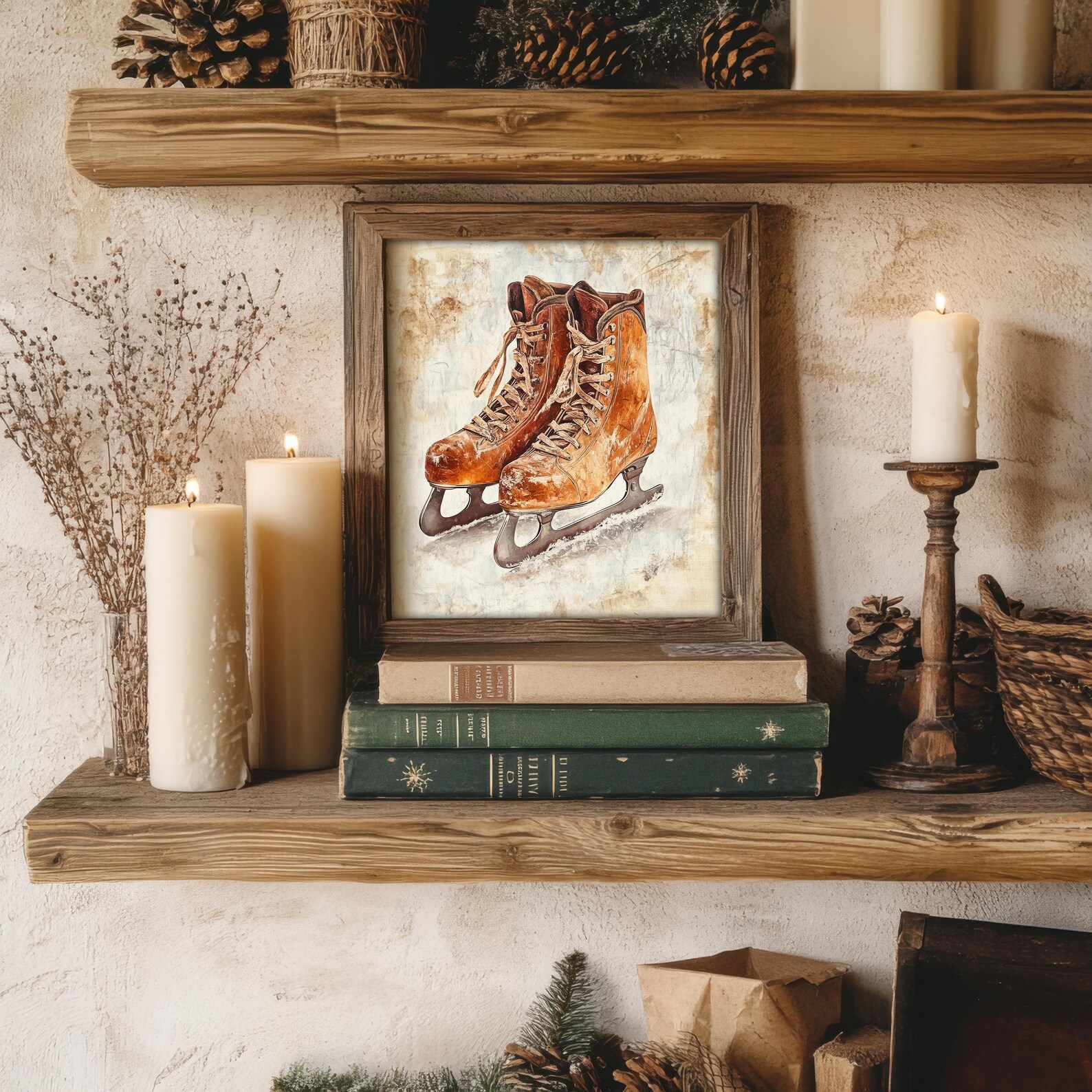 Ice Skates Rustic Christmas Print Vintage Style | Nostalgic Cottage ...