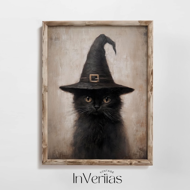 Black Cat and Witch Hat Rustic Vintage Drawing Halloween Wall Art ...
