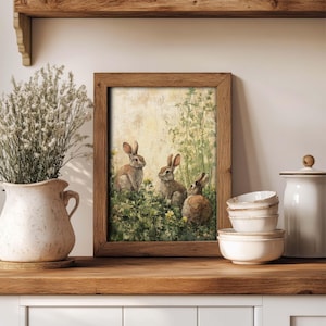 Muted Rabbits in Spring Print Vintage Style Bunny Wall Art | Cozy ...