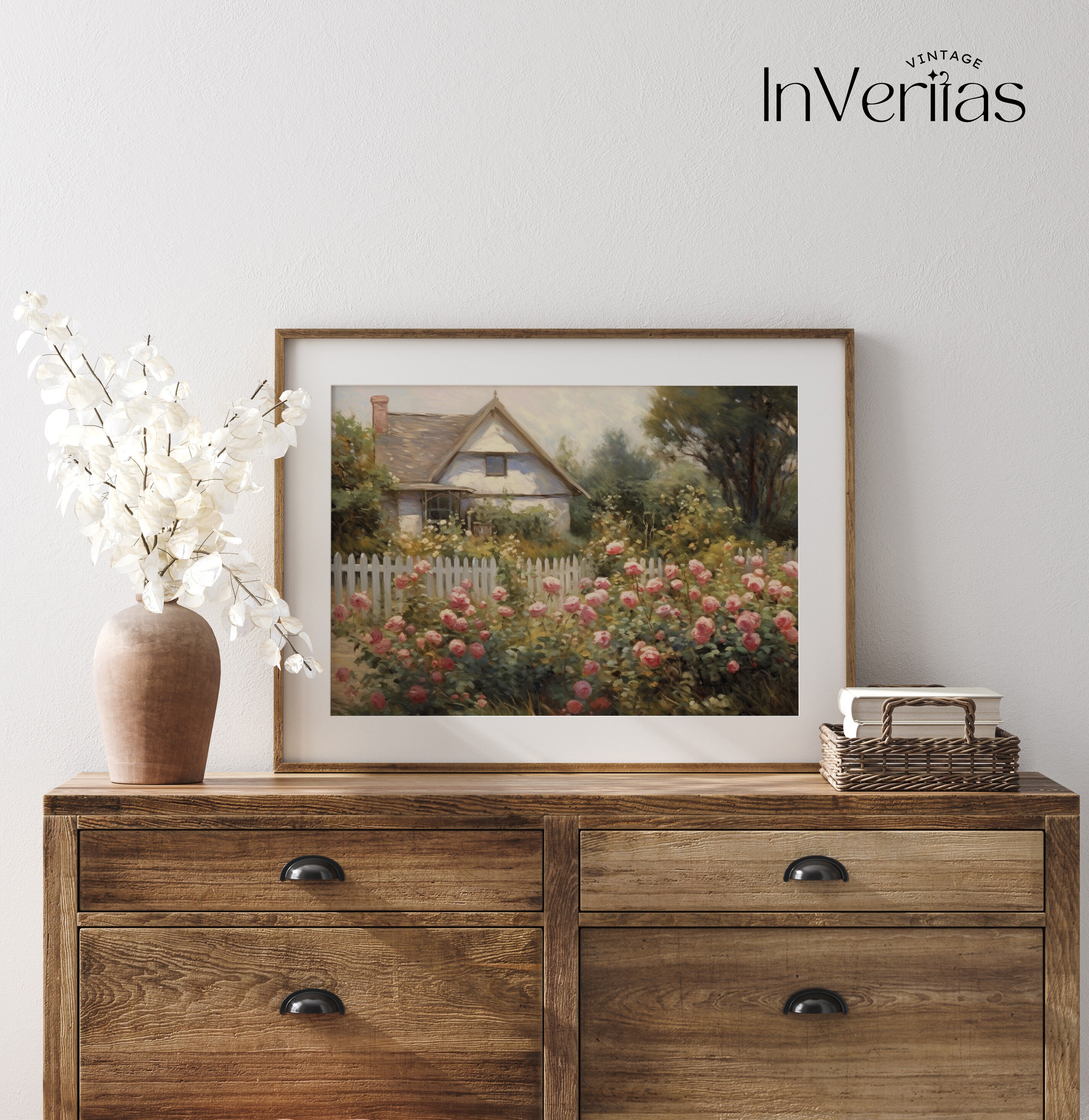 Cottage With Rose Garden Vintage Style Painting | Cottage Spring and ...