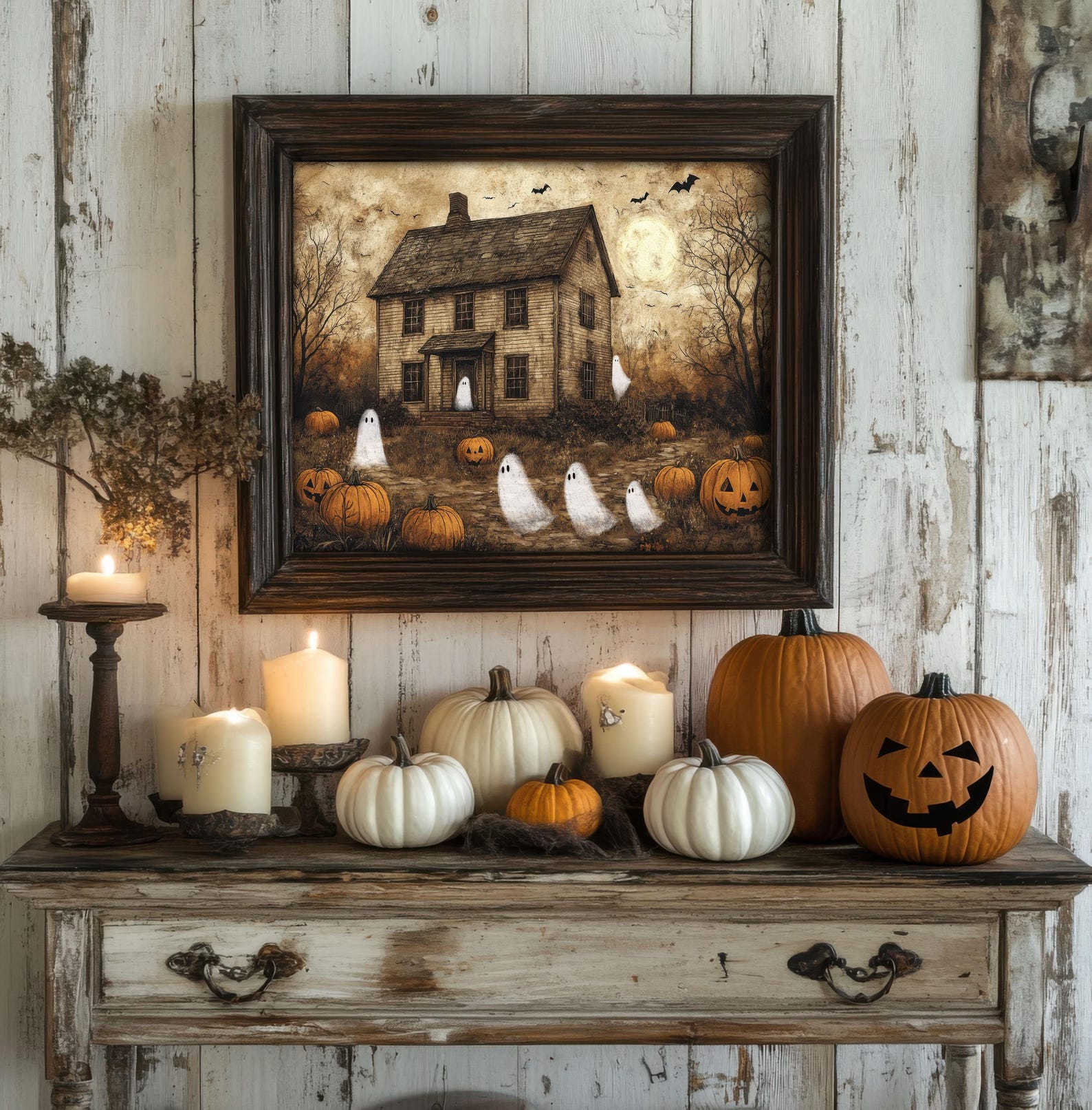 Ghost Gathering at Haunted Halloween Farmhouse Print | Rustic Vintage ...