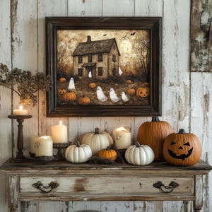 Ghost Gathering at Haunted Halloween Farmhouse Print | Rustic Vintage ...