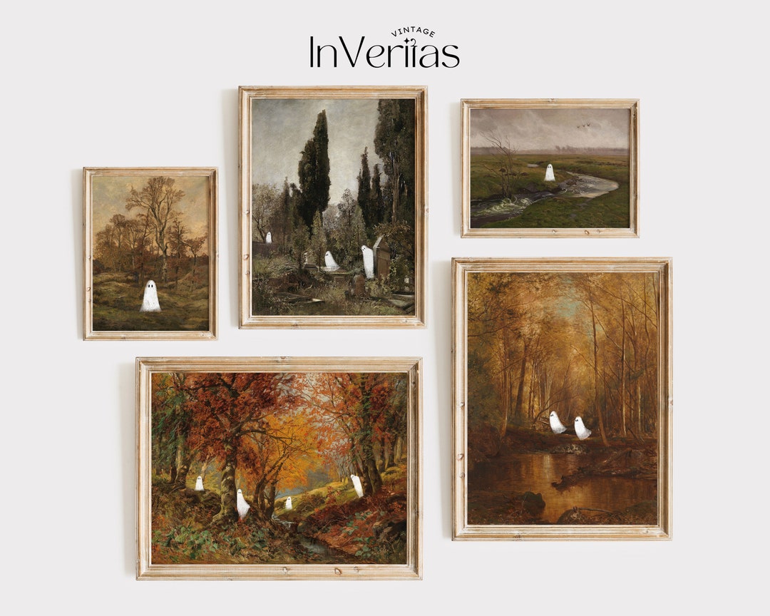 Cute Ghosts in Landscape Paintings Mailed Art Set of 5 | Farmhouse ...