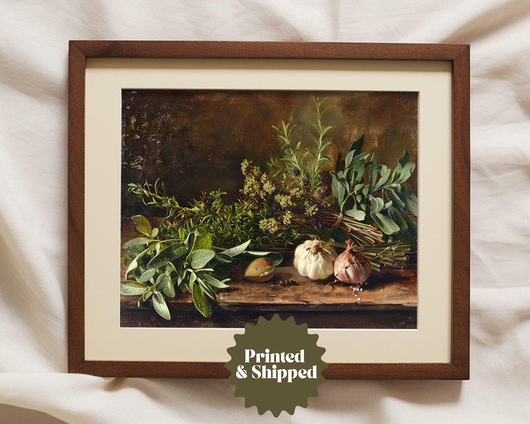 Kitchen Herbs Vintage Still Life Painting | Moody Farmhouse Kitchen ...