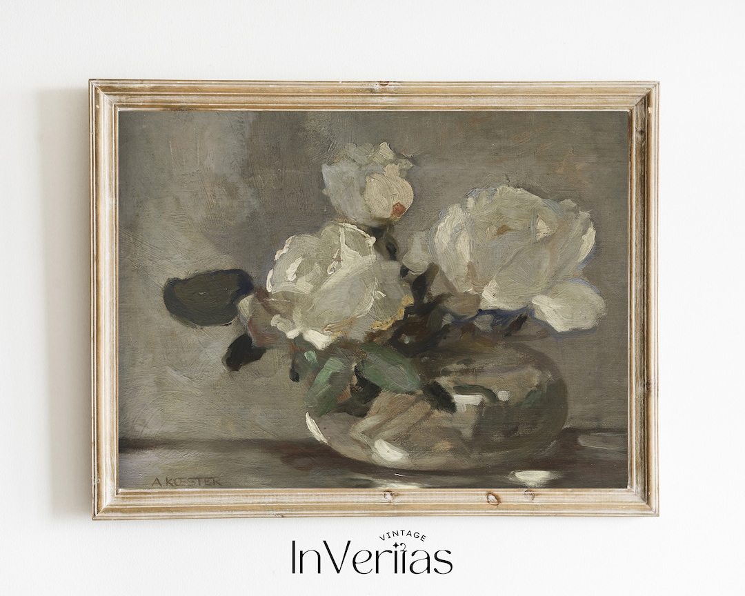 White Roses Still Life Painting | Neutral Farmhouse Decor | PRINTABLE ...
